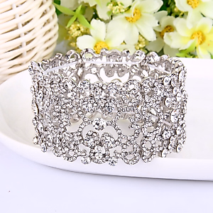 EVER FAITH Women's Austrian Crystal Bride Heart Art Deco Elastic Stretch Bracelet Clear Silver-Tone