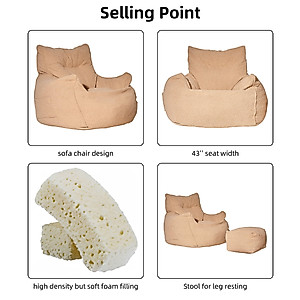 Large Bean Bag Chair for Adults, Giant Beanbag Chairs with filling, Beanbag chair with ottman, Soft Surface, High-Density Foam Filling, for sleeping and relaxing (CHAMPAGNE)