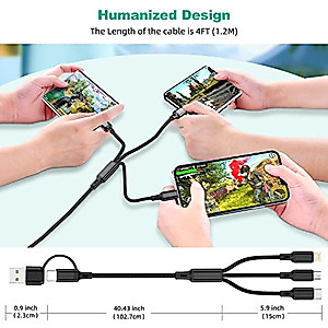 5 in 1 Multi Charging Cable 2Pack 4ft Multi USB Universal Phone Charging Cable, USB A/C to Phone USB C Micro USB Lightning Connector Nylon Braided Charging Cord Compatible with iPhone/Samsung-Black