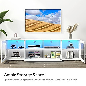 chartustriable 70 Inch Modern TV Stand with Music Sync LED Lights for 75 Inch TV, High Gloss Entertainment Center with Storage Cabinet, TV Media Console for Living Room Bedroom(White)