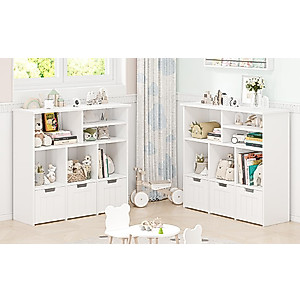 Knowfunn Toy Storage Cabinet with 3 Movable Drawers & 6 Cubes, Children's Toy Shelf Kids Bookshelf with Hidden Wheels, Kids Bookcase Toy Storage Organizer for Bedroom & Playroom & Nursery (White)