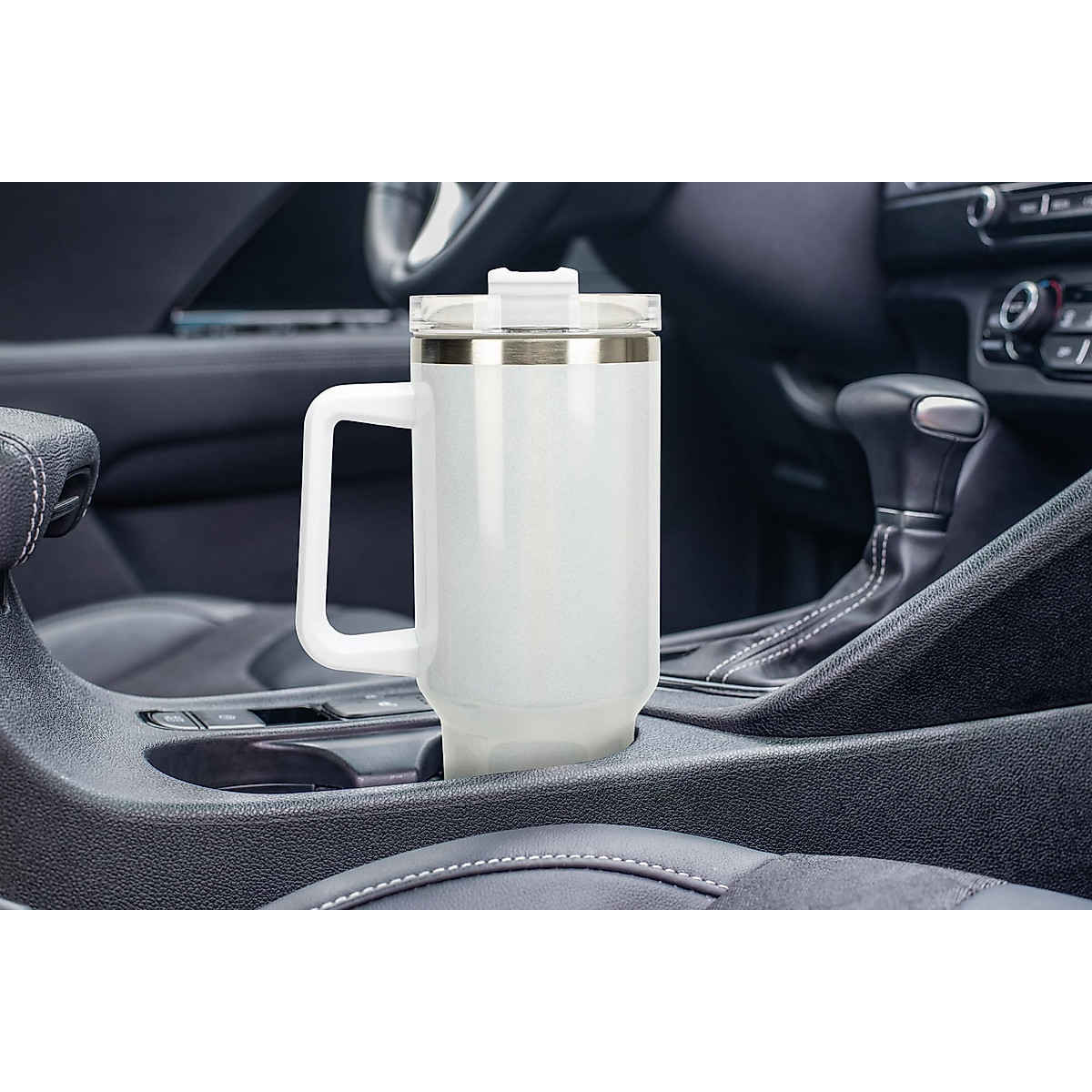 Elanze Designs 40 oz Stainless Steel, Large Water Bottle, Coffee Mug, Spill & Leak Resistant, Thermal Travel Tumbler With Handle, Lid & Straw, Pearl White