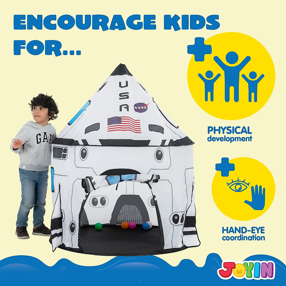 JOYIN Rocket Ship Play Tent Pop up Play Tent Kids Indoor Outdoor Spaceship Playhouse Tent Set