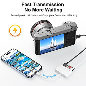 SD Card Reader for iPhone iPad, 4 in 1 Trail Game Camera Memory SD Card Viewer, Portable USB 3.0 OTG Adapter Compatible SD/TF Card for iPhone Adapter with Simultaneous Charging Port, Plug and Play