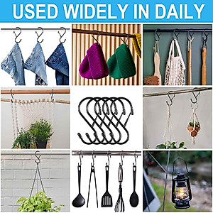 4 Inch S Hooks for Hanging with Safety Buckle, 10 Pcs Heavy Duty Metal S Hooks with Stopper Non Slip, Closet Hooks for Hanging Plants, Clothes, Kitchen Utensil, Pots, Pans, Bags (Black)
