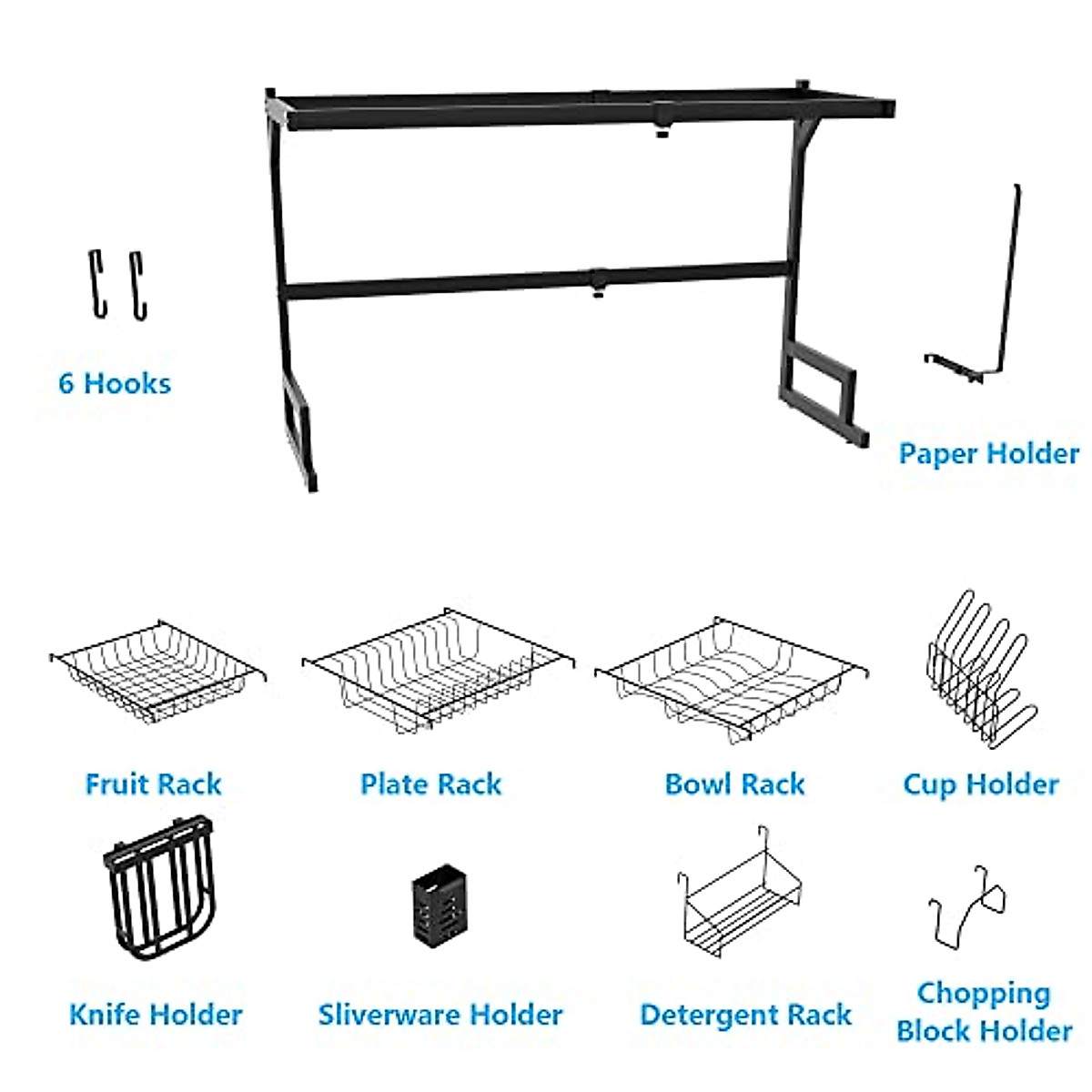 HEITICUP 2 Tier Dish Drying Rack, Adjustable & Space-Saving Over The Sink Dish Drying Rack(from 25.6" to 33.5") Multifunctional Black Stainless Steel Dish Drying Rack