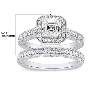 Lexi and Rose .925 Sterling Silver & Asscher Cut Cubic Zirconia with Halo Cathedral Style Engagement Ring and Half Eternity Style Wedding Band Bridal Set - Size 6