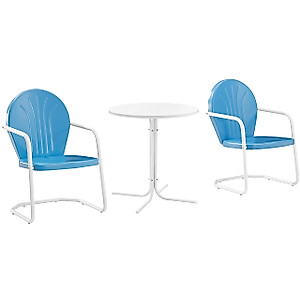 Crosley Furniture Griffith 3-Piece Outdoor Bistro Set, Retro Metal Patio Table and Chairs for Dining, Porch, Sky Blue Gloss and White Satin