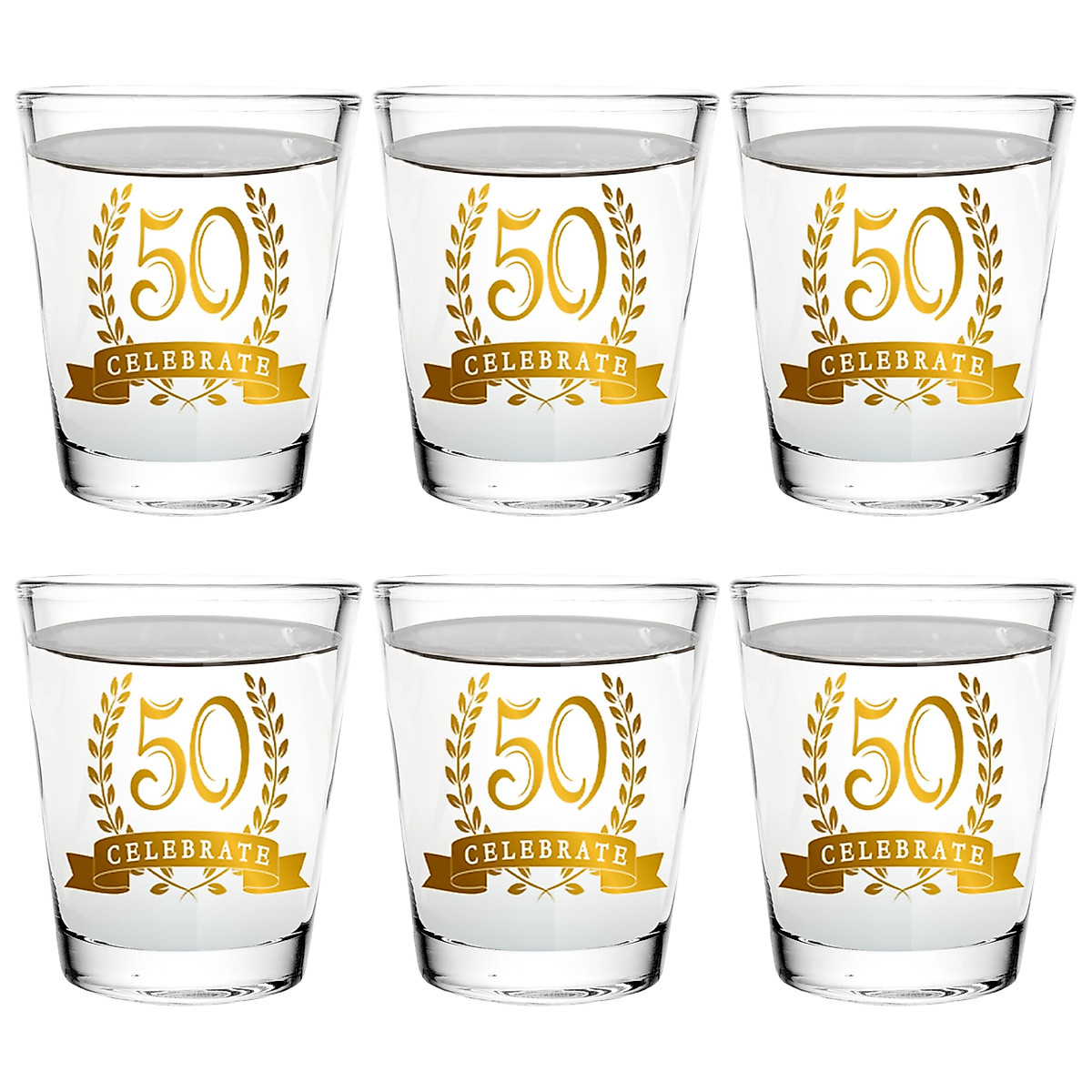Bisyata 50th Birthday Shot Glass Gift Set for Women Men - 50 Birthday Party Decoration - 50th Gold Anniversary Table Decoration or Gift - 2oz Set of 6 - With Gift Box