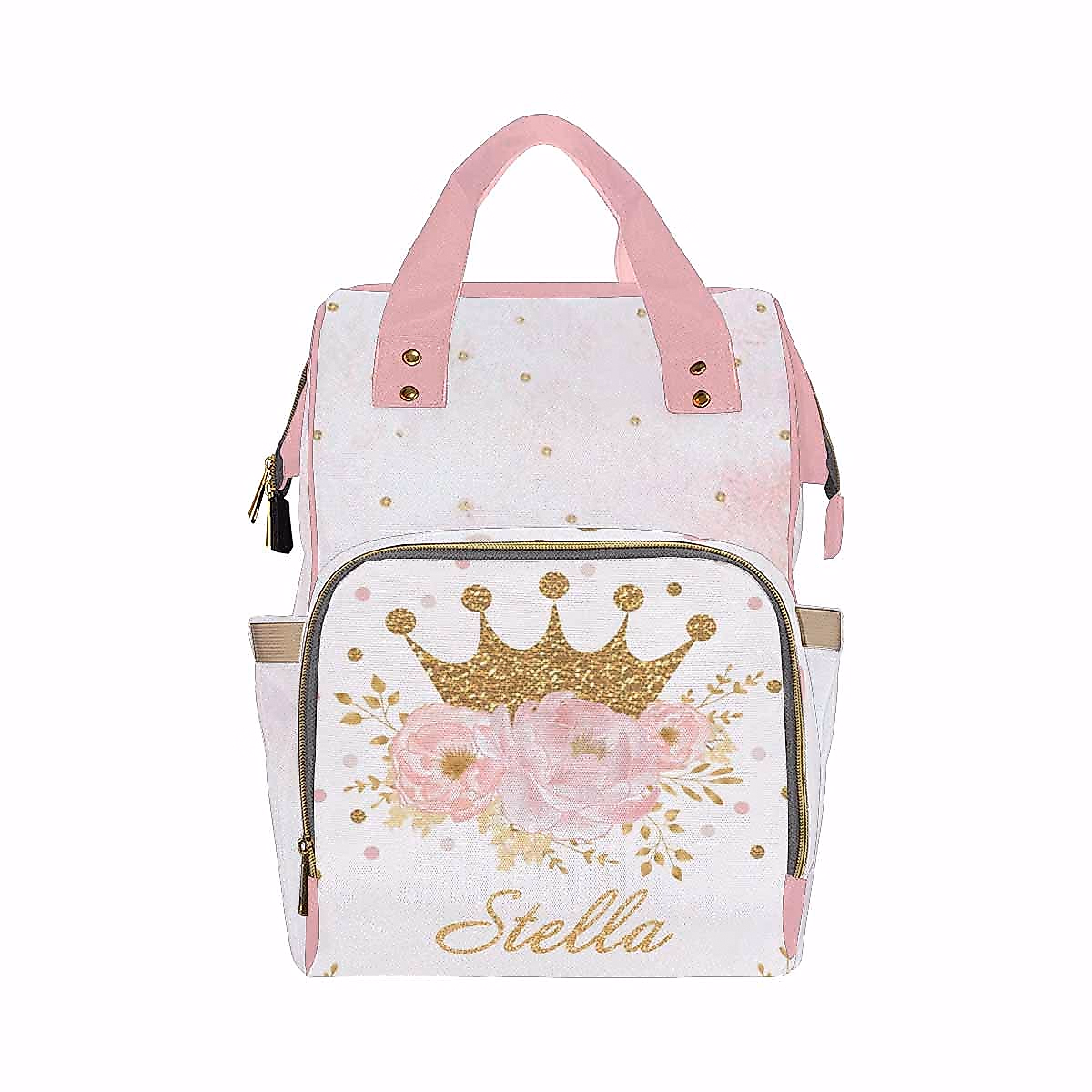Newcos Personalized Glliter Crown with Beautiful Pink Roses Diaper Backpack with Custom Name Shoulder Mommy Baby Bag Multi 09, One Size