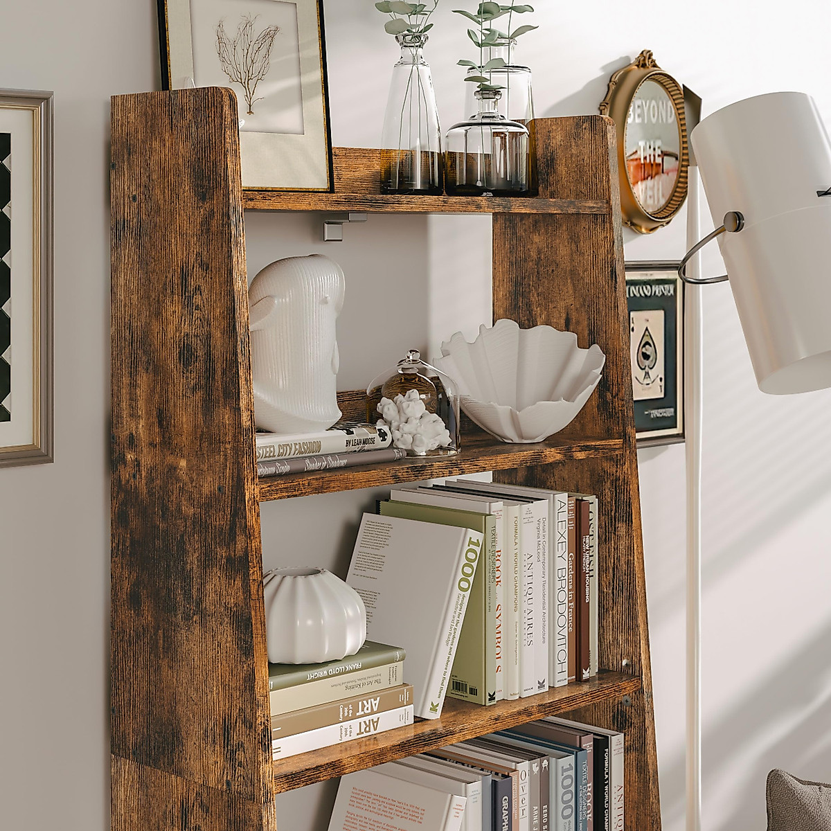 IRONCK Bookshelf and Bookcase, Industrial 5 Tier Wood Ladder Shelf, for Home Office, Living Room, Bed Room, Vintage Brown