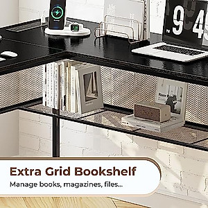 PRAISUN L Shaped Office Desk with Power Outlets, Reversible Computer Desk with Grid Bookshelf and Storage Bag, Gaming Desk, Home Office Desk Corner Desk with Hooks, Black