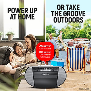 Craig Portable Top-Loading CD Boombox with AM/FM Stereo Radio and Cassette Player/Recorder in Black | Cassette Player/Recorder | LED Display (Black/Gray)