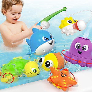 JOYIN Baby Bath Toy Set - Magnetic Fishing Toy with Fishing Rod, Soft Puffer & Clown Fish, Spinning Octopus and Starfish, Wind-up Shark and Turtle - Sensory Development for Infants & Toddler