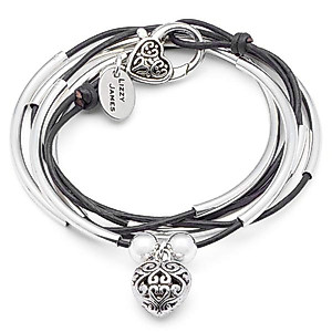 Lizzy James Girlfriend Silver Charm Bracelet Necklace w Puffed Heart Charm in Natural Black Leather (Medium)
