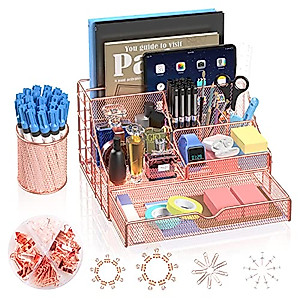 Rose Gold Desk Organizer and Accessories, Large Office Supplies Desk Organizer Caddy with Pen Holder, 6 Compartments + 72 Clips Set, Mesh Desktop Organizer with Drawer for Women, Office, School