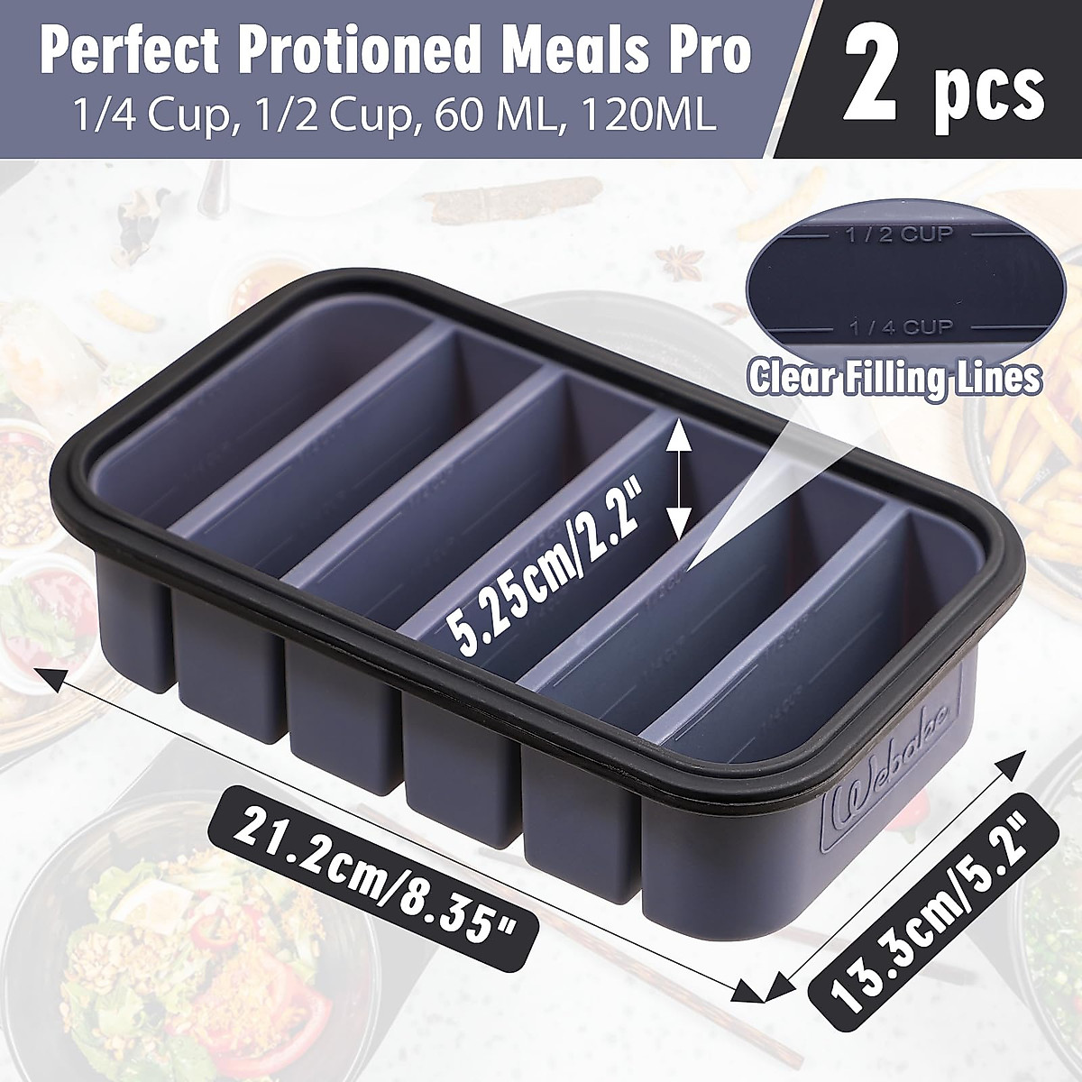 Webake 1/2 Cup Silicone Freezer Tray with Lids, 2 Pack Easy Release Soup Freezer Molds Food Storage Container, Perfect for Meal Prep, Fruits, Soup, Food Storage, Broth, Leftovers