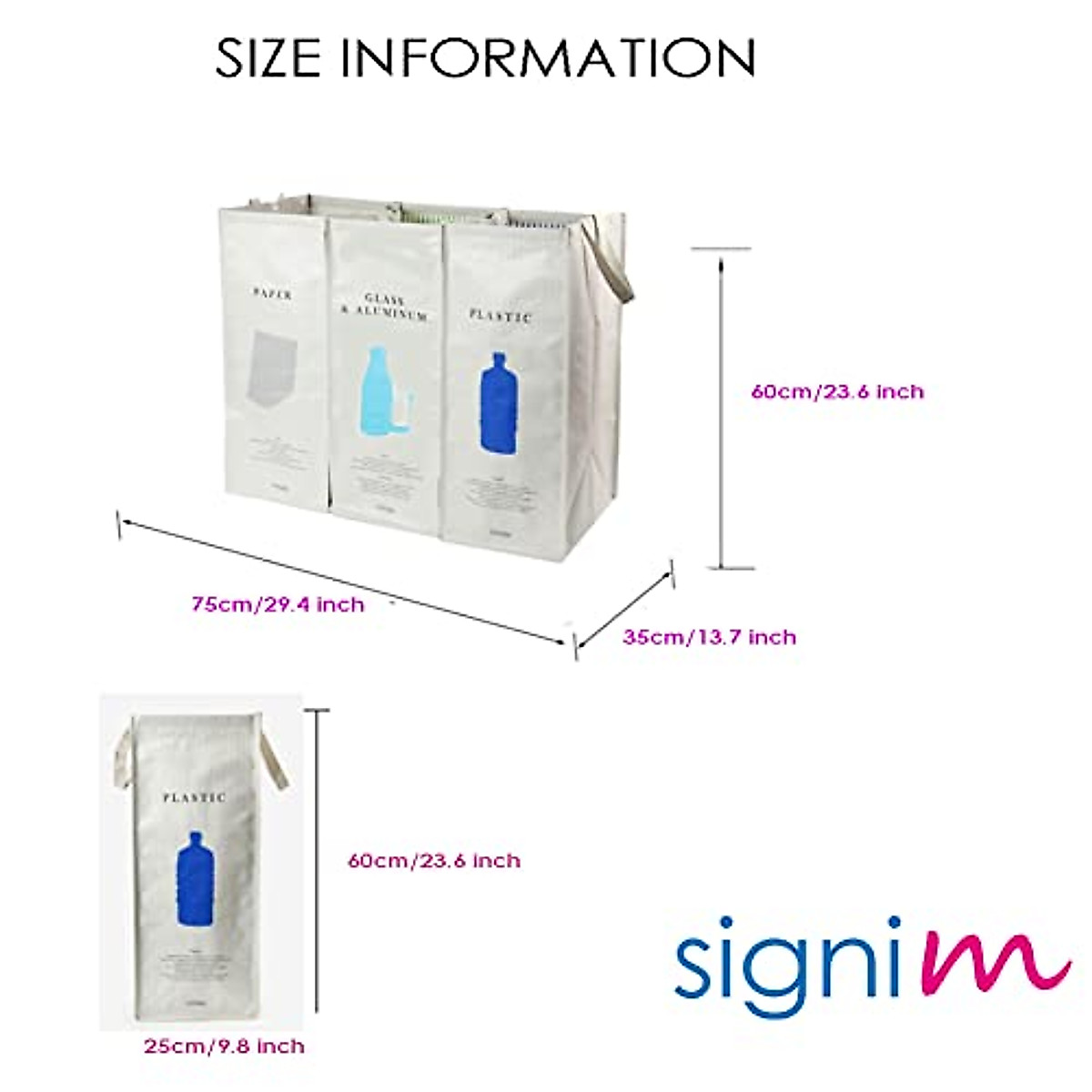 Signim 413 Separate Recycling Waste Bin Bags for Kitchen Home Recycle Garbage Trash Sorting Bins Organizer Waterproof Baskets Compartment Container, White (Set of 3 Pack)