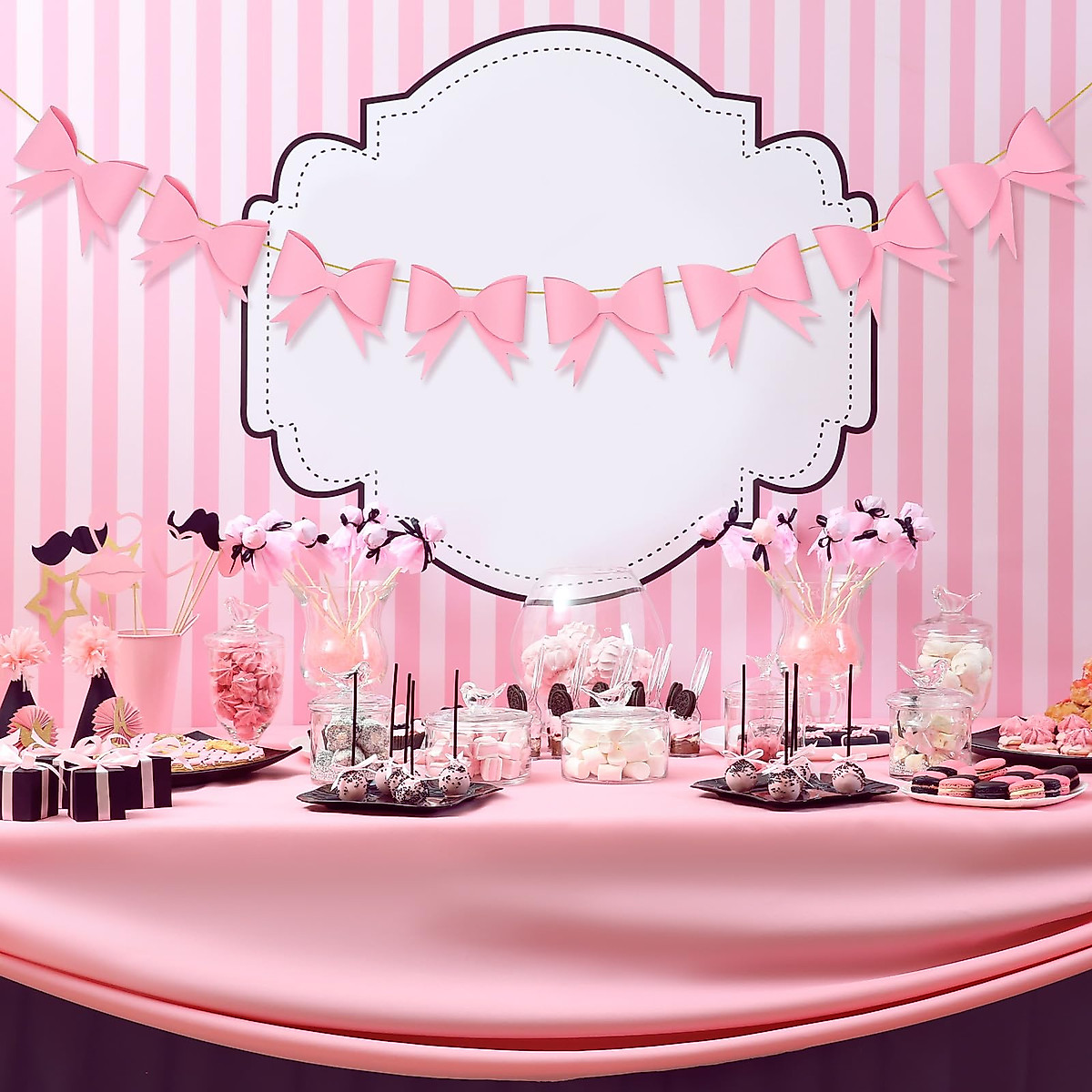 Whaline Pink Bow Garland Banner 3D Cute Bow Hanging Garland Paper Banner for Coquette Birthday Baby Bridal Shower Bachelorette Party Supplies