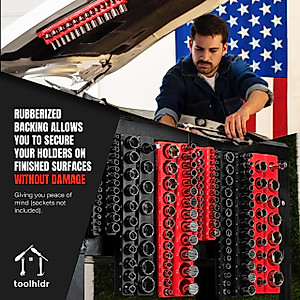 toolhldr Magnetic Socket Organizer - Metric & SAE Socket Tool Organizer Storage for 1/4", 3/8", 1/2" Drives - Fits Drawers, Toolboxes, Attaches to Metal Wall - Easy-to-Read - 6-Pack Black and Red
