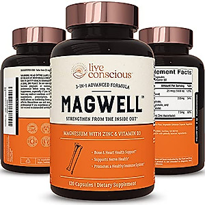 Magwell Magnesium Zinc & Vitamin D3 - Highly Bioavailable Magnesium: Glycinate, Malate, & Citrate - 3-in-1 Magnesium Supplement for Women & Men - Bone, Heart, Immune Support - 120 Capsules by LiveWell