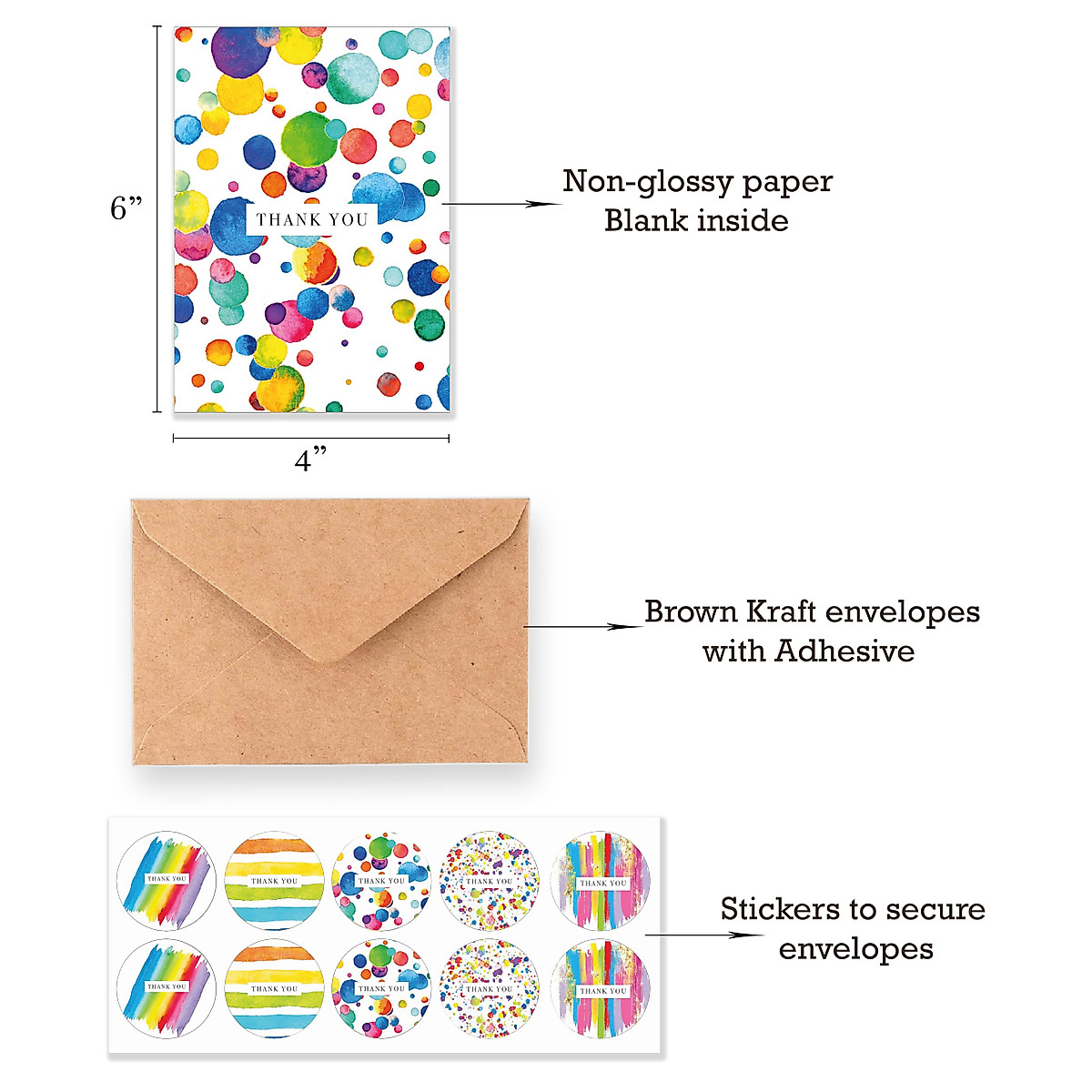 100 Thank You Cards with Brown Kraft Envelopes and Stickers - 5 Designs Bulk Watercolor Notes for Baby Showers, Bridal Showers, Weddings, All Occasion, 4x6 Inch Folded (watercolor)