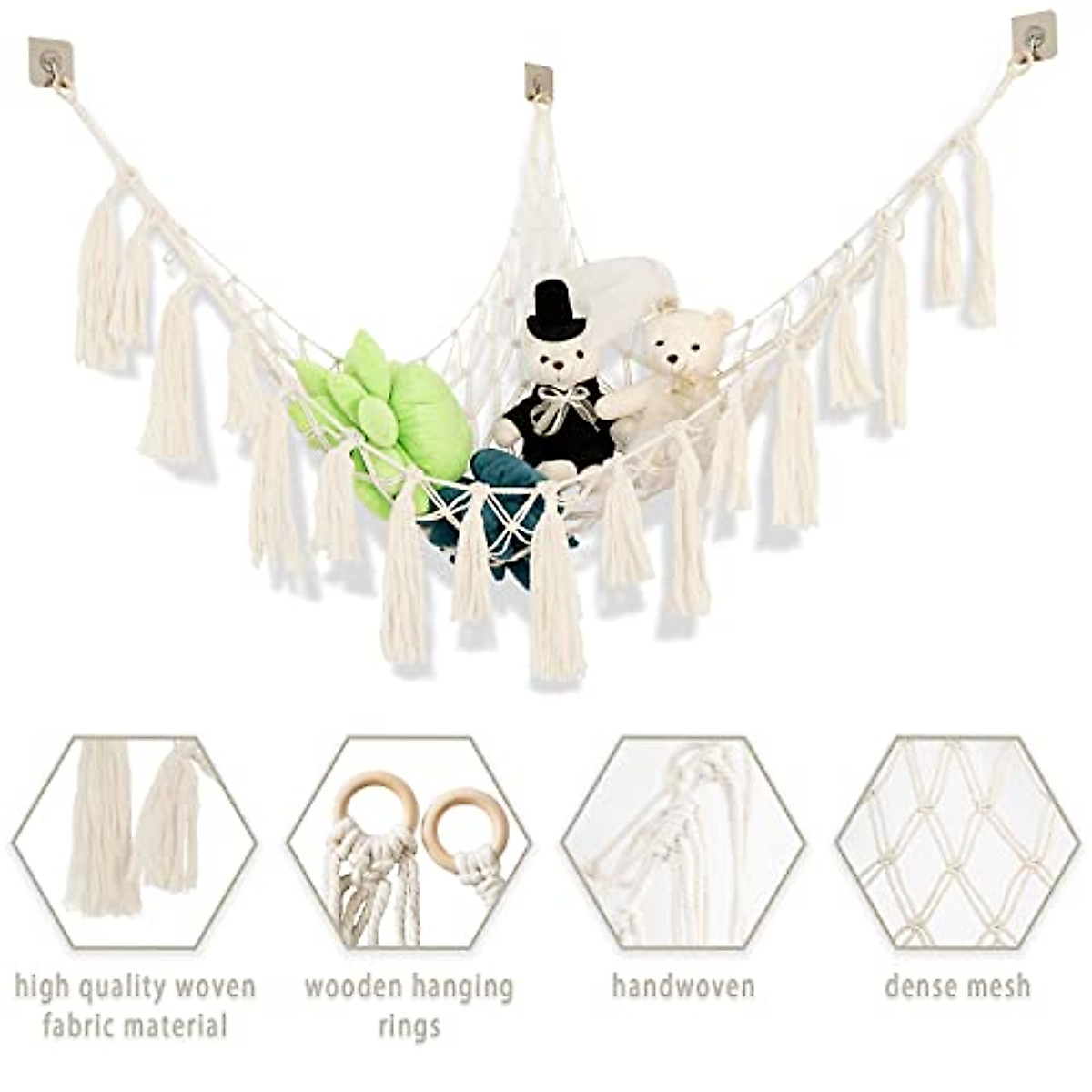 YELIENM Stuffed Animals Net or Hammock with LED Light, 59 inch Toy Hammock Net for Stuffed Animals Corner Hanging Stuffed Animal Storage Stuffed Animal Holder for Nursery Kids Bedroom (White)…