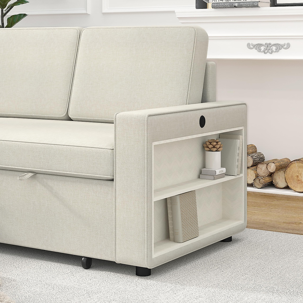 ONEMMLION Convertible Sleeper Sofa Couch with Pullout Bed, 85.8" Reversible Sectional Sofa Bed with Storage Chaise&Storage Racks, 3 Seat L-Shape Pull Out Couch with USB Charge Ports(Beige)