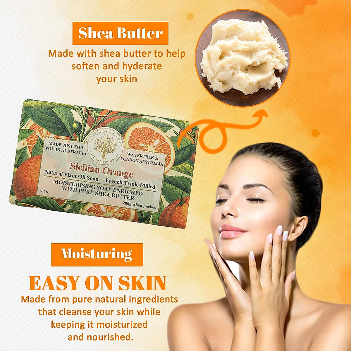 Wavertree & London Sicilian Orange Scented Natural Soap (2 Bars), 7oz Moisturizing French Triple Milled Soap Bars enriched with shea butter - Pure Plant Oil Bath & Body Soap for All Skin Types