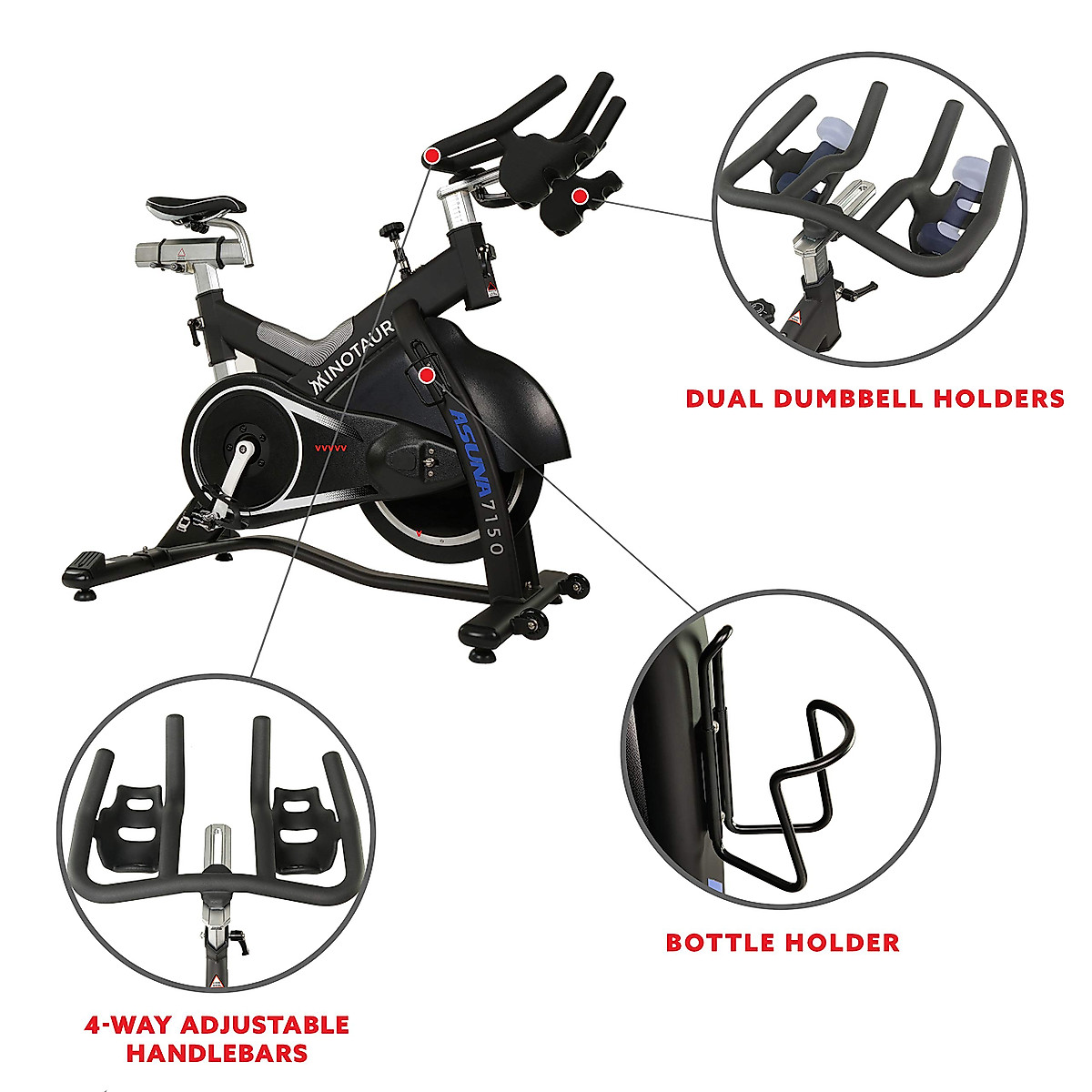 Sunny Health & Fitness ASUNA 7150 Minotaur Exercise Bike Magnetic Belt Drive Commercial Indoor Cycling Bike with 330 LB Max Weight, SPD Style/Cage Pedals and Aluminum Frame, Black