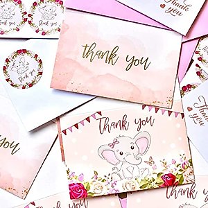 Baby Shower Thank You Cards - Set of 48 Cute Baby Thank You Cards with Envelopes and Stickers - Adorable 4x6 Small Blank Thank You Notes for Boy or Girl - Gold Floral and Pink Elephant Theme