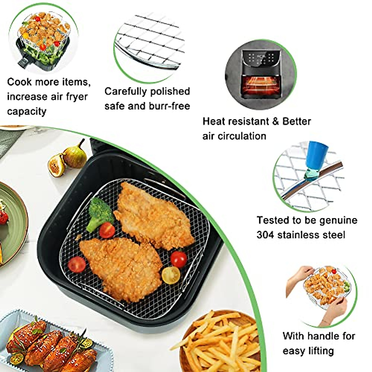 BYKITCHEN 8 inch Square Air Fryer Rack, Stainless Steel Dehydrator Rack, Square Air Fryer Accessories for Cosori, Instant Vortex, Gourmia Air Fryer & Oven, Ninja Foodi Grill Accessories