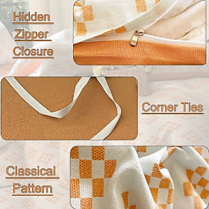 Doimier Duvet Cover Queen Boho, 4 PCS Vintage Bedding Sets, Gingham Patterned Comforter Covers Set with Zipper Closure, Soft Breathable Geometric Orange Rhombus (Diamond Grid, Queen)