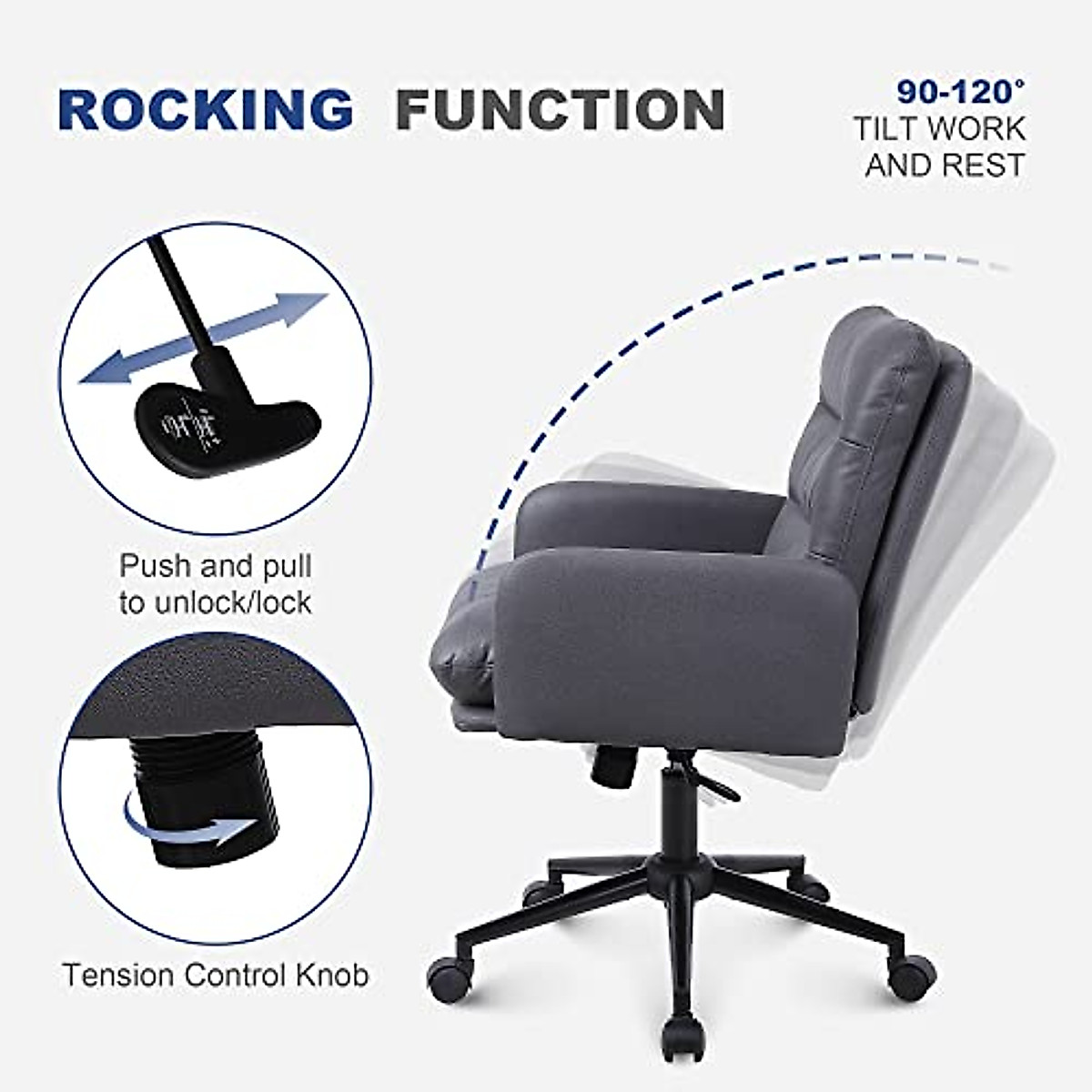 Youhauchair Adjustable Home Office Chair, Modern Mid Back Computer Desk Chair with Wheels, Ergonomic Upholstered Swivel Chair, Grey