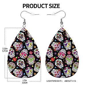 Zokola Day Of The Dead Leather Drop Earrings Set, Mexican Sugar Skull Flowers Black Lightweight Teardrop Earrings Leather Dangle Earrings For Women Friends Wedding Jewelry