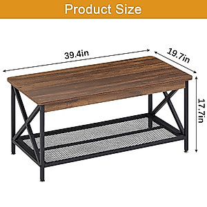 VECELO Coffee Table with 2-Tier Storage Shelf X-Frame for Living Room Office Industrial Style, Easy Assembly, Brown