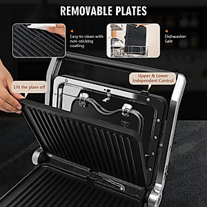 COSTWAY Electric Panini Press Grill, 1200W Sandwich Maker with Non-Stick Double Sided Plates, Independent Temperature Control & Removable Drip Tray, Opens 180 Degrees to Fit Any Size of Food