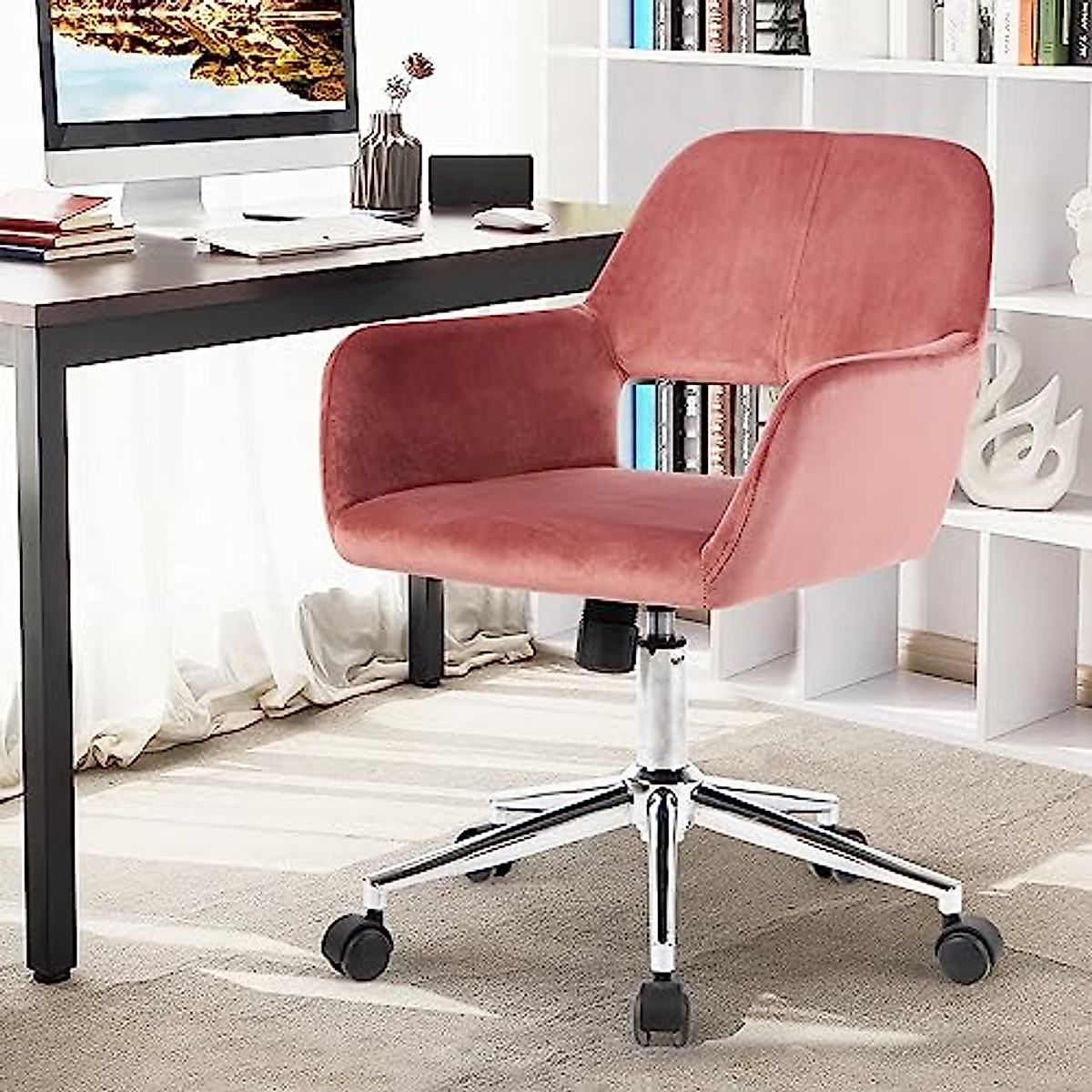 FurnitureR Velvet Home Office Chair, Mid Back Desk Chairs with Rolling Wheels, Adjustable Task Chair for Living Room, Bedroom, Make-up, Studying, Small Spaces - Rose
