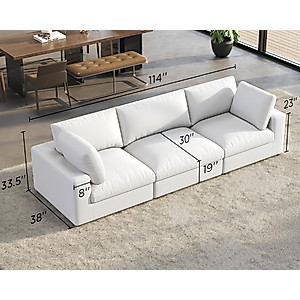 PaPaJet Modular Sectional Sofa, 114 Inches Down Filled Sectional Sofa, 3 Seater Oversized Comfy Couch for Living Room, White Linen Cloud Couch Set