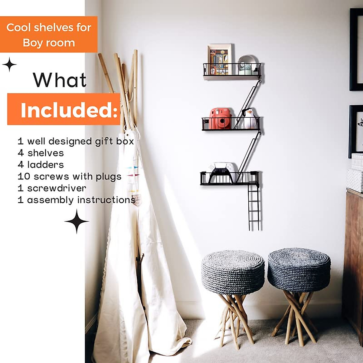 KOTIJOKI Fire Escape Wall Shelf - New York 4 Tier Metal Shelf with Screwdriver & Screws, for Home Décor Organizer, Action Figure Display (Black Floating Shelf)