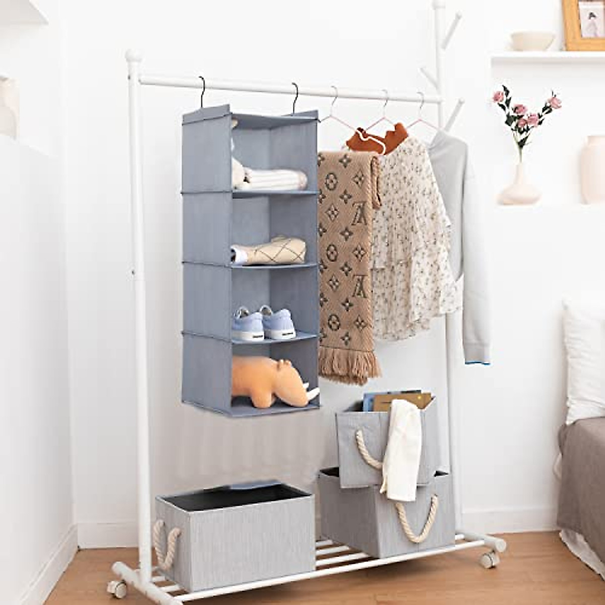 BrilliantJo 2PCS Hanging Closet Organizer, 4 Shelves Hanging Wardrobe Storage Shelves with Hook for Clothes Storage, Washable Oxford Cloth Fabric, 31"x12"x12"(Blue-Gray)