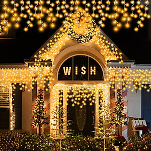 456 LED Christmas Icicle Lights Outdoor Decor 35.4Ft 72 Drops 8 Modes Plug In Window Curtain Fairy String Lights Dripping Icicle Lights Christmas Decoration Home Holiday Indoor Eave Garden(Warm White)