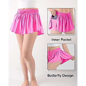 BOOPH Girls Flowy Shorts Athletic Butterfly Shorts Girls with Inner Pockets for Running Tennis Rose Red 13-14Y