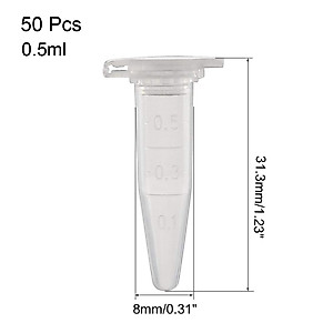 uxcell 50 Pcs 0.5ml Plastic Centrifuge Tubes with Snap Cap, Polypropylene Graduated Micro Centrifuge Tube, Conical Bottom, Clear, Storage Container for Beads Sample Lab