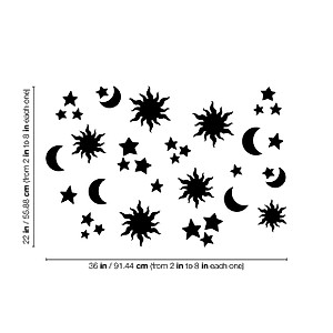 Set of 21 Vinyl Wall Art Decal - Sun Moon & Stars - 22" x 36" (from 2" x 8" Each) - Modern Cute Minimalist Sky Design Stickers for Kids Room Bedroom Playroom Daycare Nursery Classroom Decor (Black)