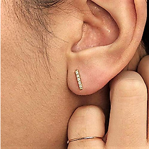 14K Solid Gold Cubic Zirconia Pave CZ Dainty Mini Bar Studs, Small Linear Bar Fine Jewelry Women's Stud Earrings (Yellow Gold)