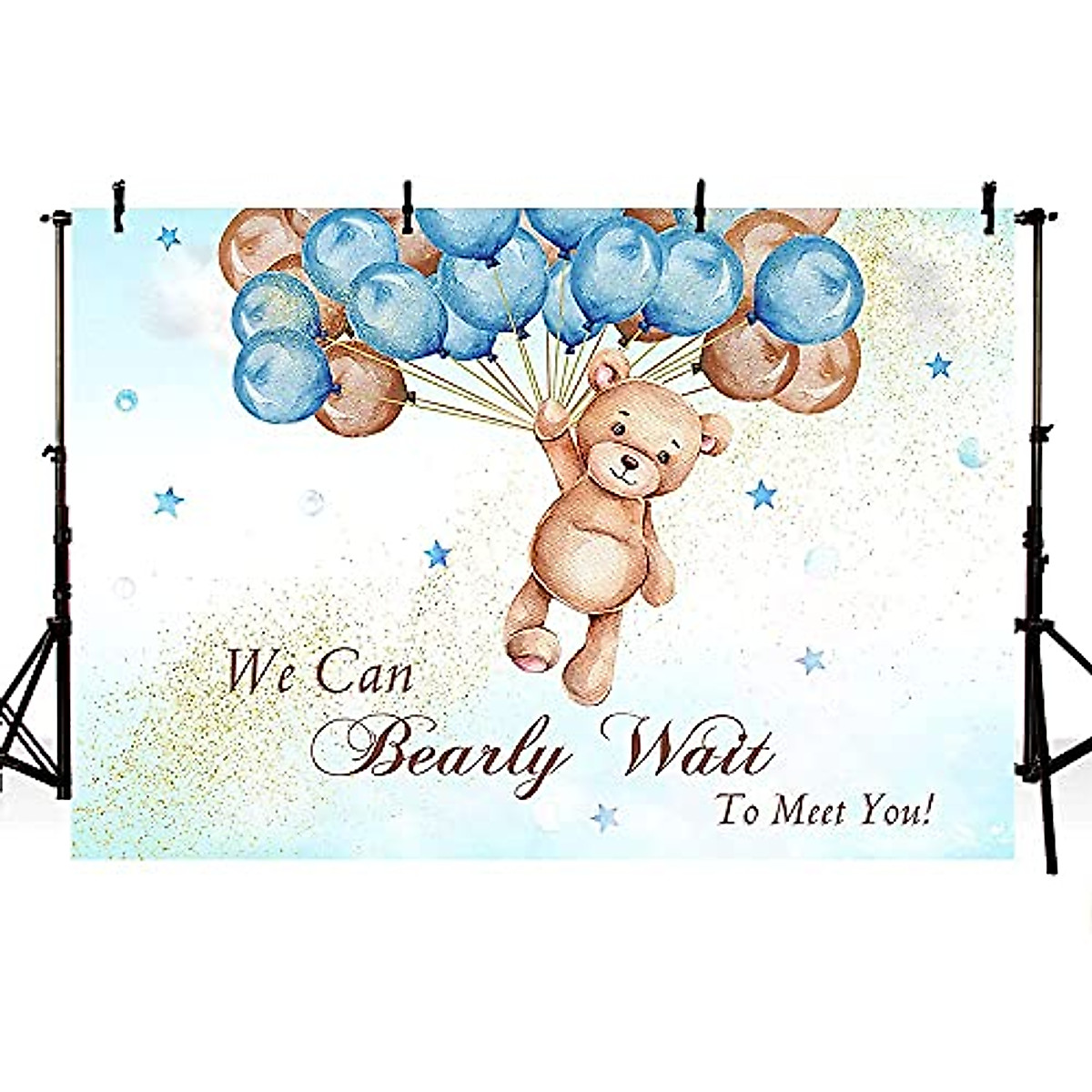 MEHOFOND 7x5ft Bear Boy Baby Shower Backdrop We Can Bearly Wait to Meet You Blue Brown Balloons Gold Glitter Photography Background Party Banner Cake Table Decor Photo Booth Props Supplies