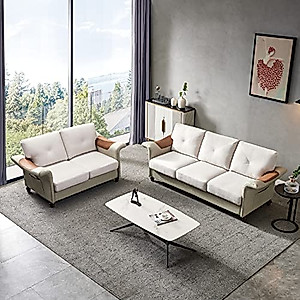 RUNWON Modern Living Room Sectional Furniture Set Include 2+3 Seat Sofa,Linen Fabric Faux Leather with Wood Leg, Beige