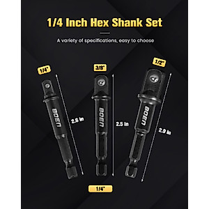 BOEN Impact Grade Socket Adapter Set, 3-PCS Drill Bit Adapter with Bit Holder, Sizes 1/4", 3/8", 1/2", 1/4-Inch SAE Hex Shank, Cr-V with Black Phosphate Finish
