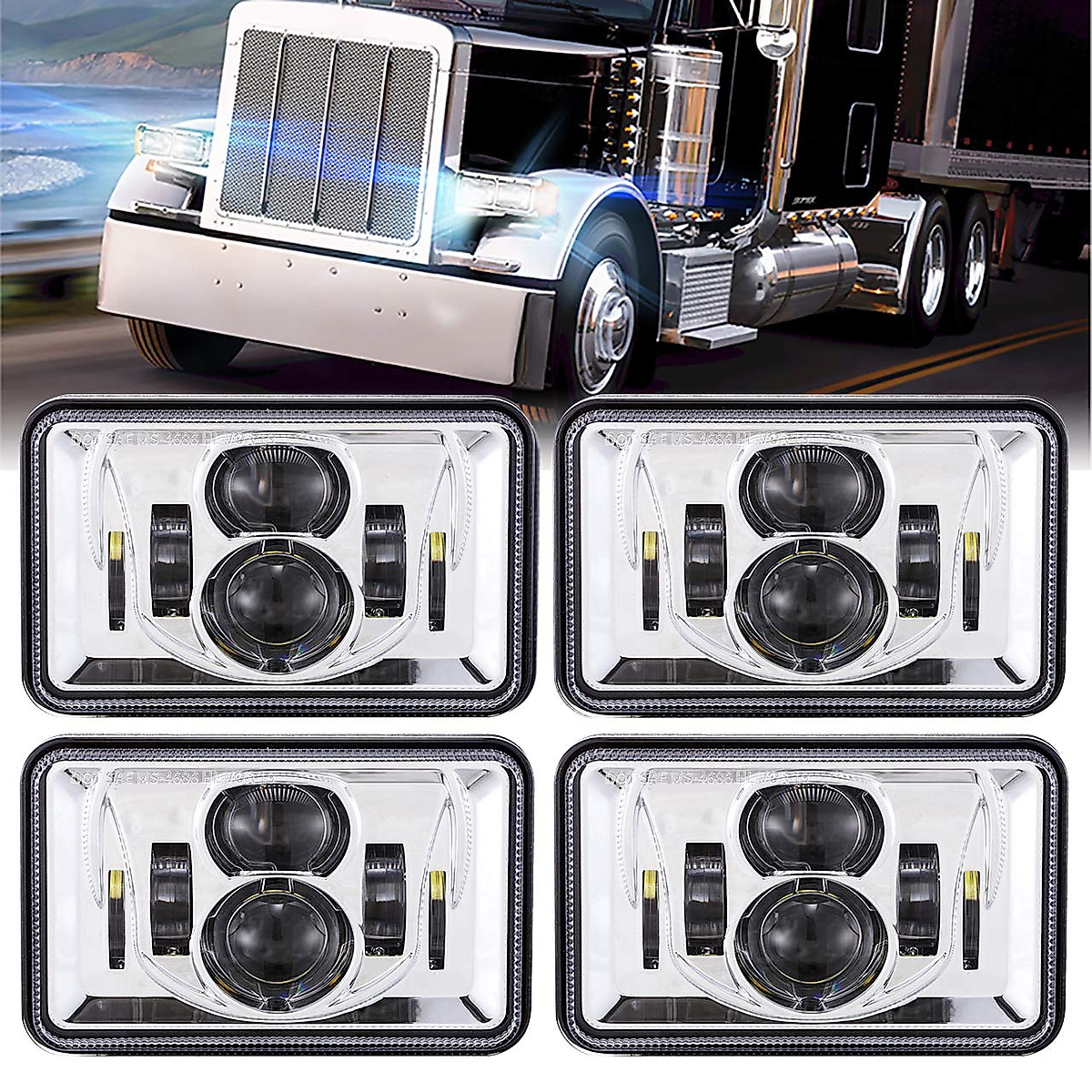 BICYACO 4 PCS DOT 4x6 Inch LED Headlights Rectangular Replacement H4651 H4652 H4656 H4666 H6545 Compatible with Peterbilt Kenworth Freightliner Ford Probe Oldsmobile Cutlass